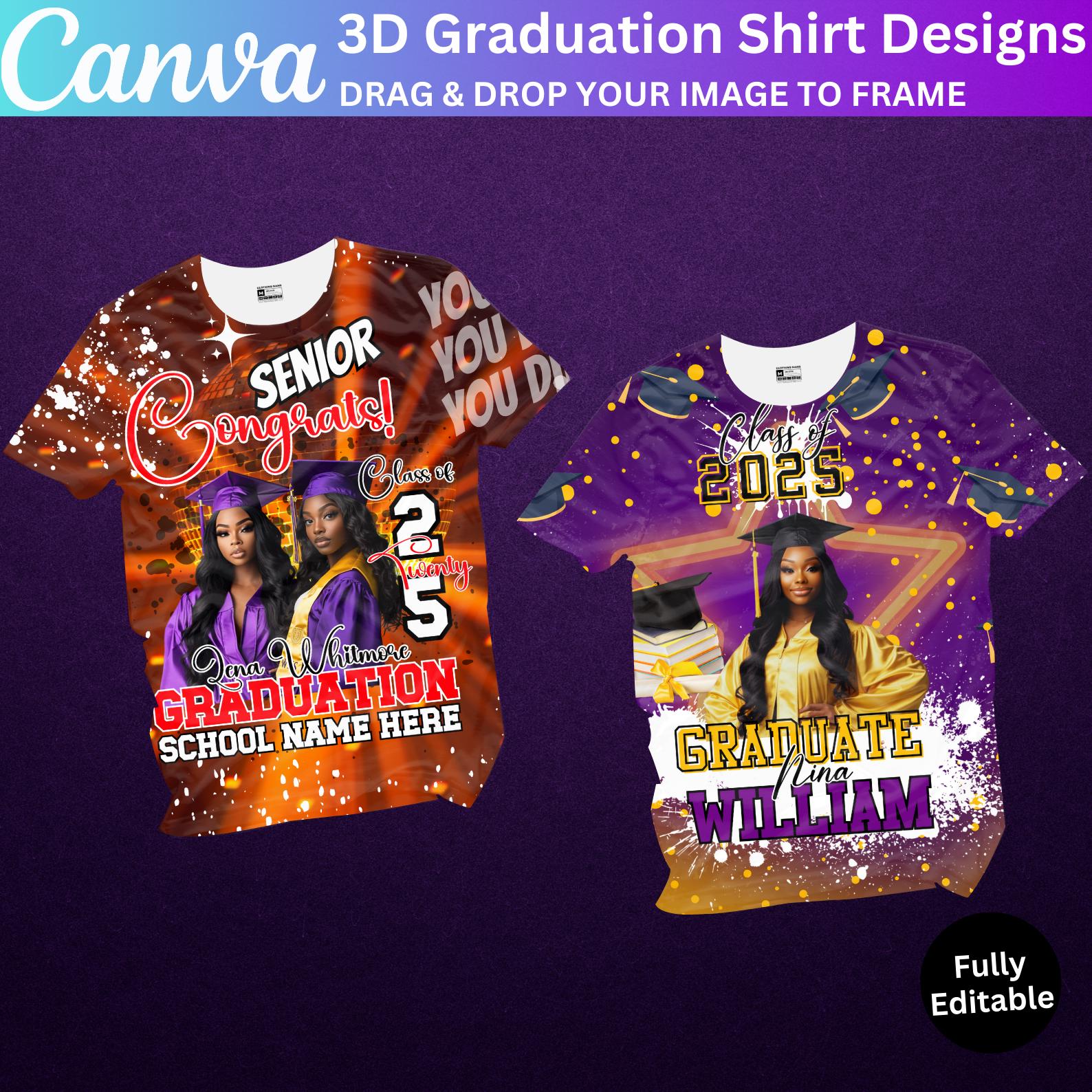 09 Graduation 3D Tee Shirt Designs Bundle, Grad 2025 Canva Editable T ...