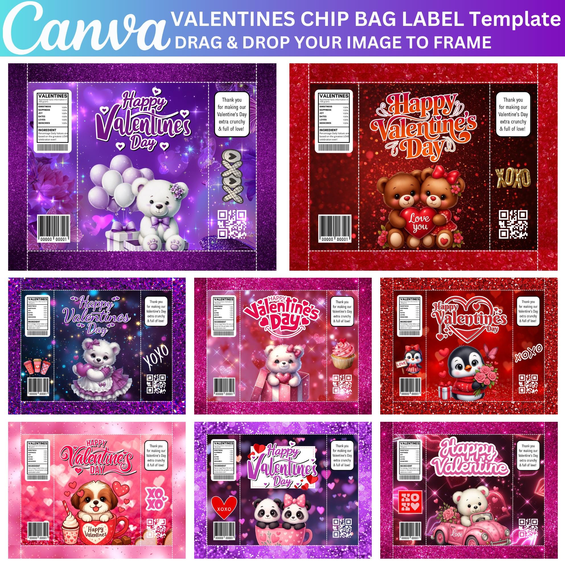 30 Valentine's Day Chip Bag Label Canva Editable Template, Romantic ...