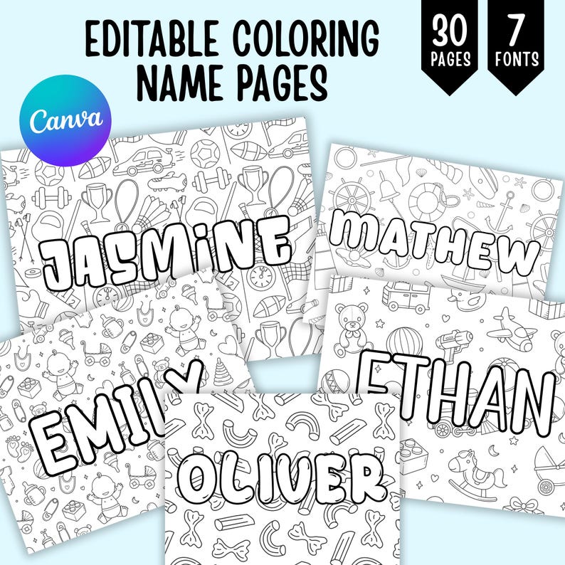 30 Custom Name Coloring Pages, Kids Activity Coloring Pages, 8.5x11 ...
