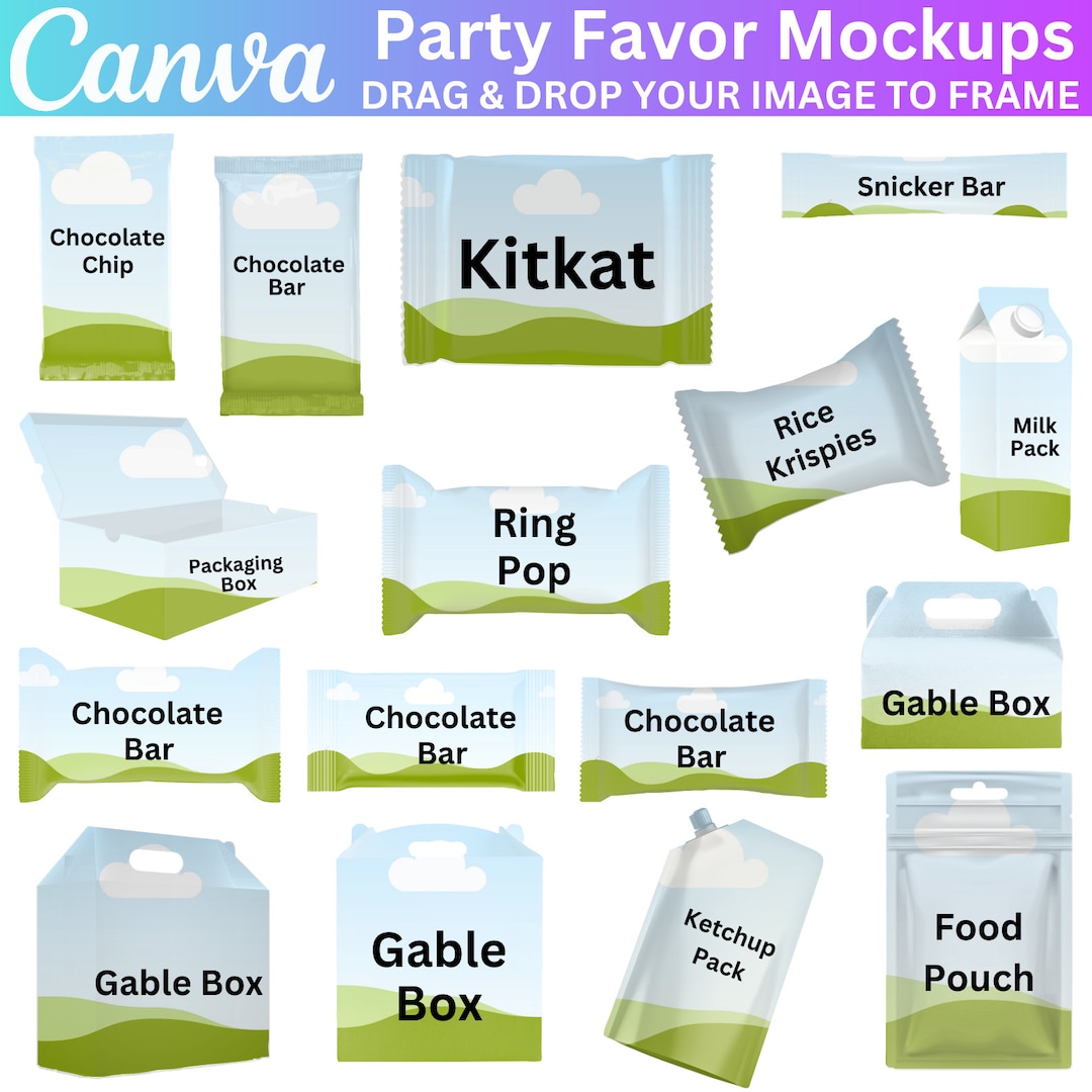 16 Party Favors Canva Editable Template Bundle, Chocolate Bar, Chip Bag ...