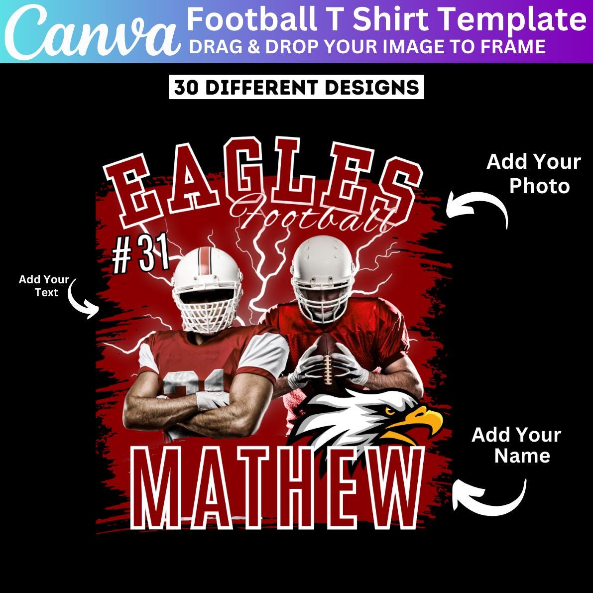 30 Football T Shirt Canva Editable Template Bundle, Custom Football ...
