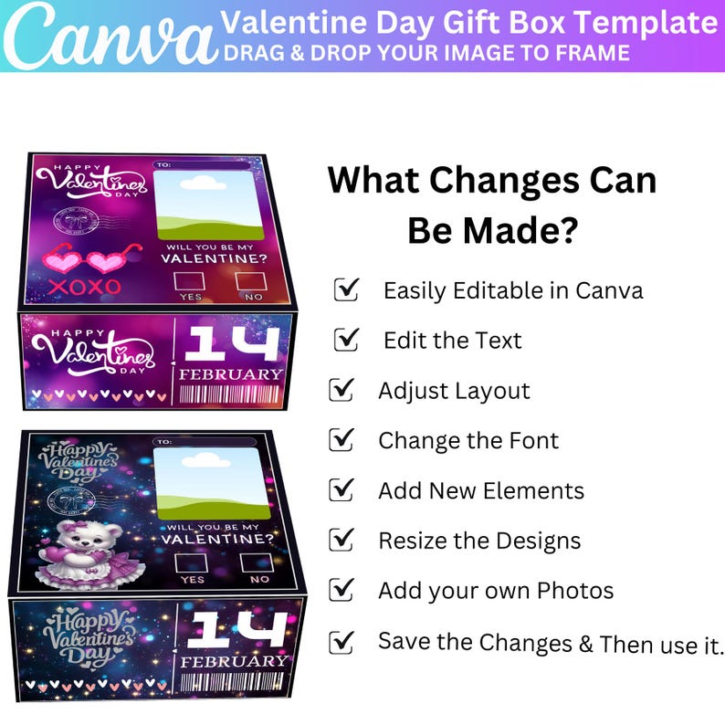 08 Valentine Love Box Template Labels, Valentine's Day Gift Box 8X8X4 ...