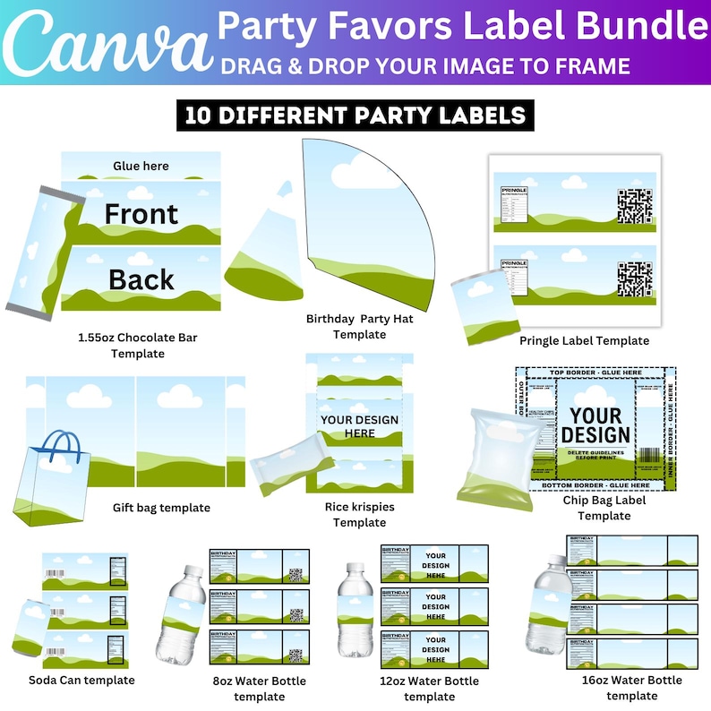10 Party Favors Labels Canva Template Bundle, Chip Bag, Chocolate Bar ...