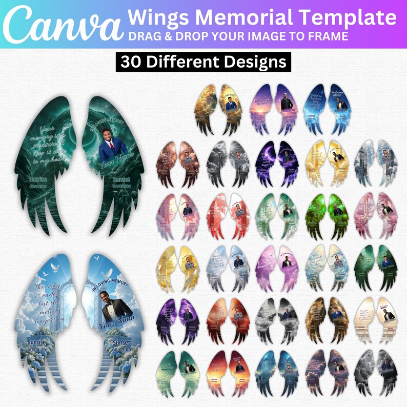 30 Memorial Wings Pin Template, Canva Editable Loving Memory Wing Pins ...
