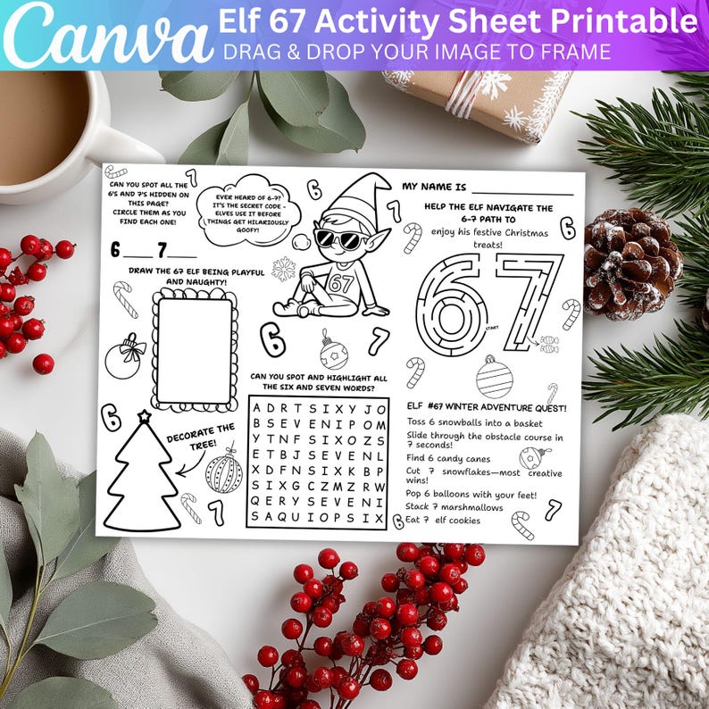 Elf 67 Activity Sheet Printable, Six Seven Meme Funny Christmas Page ...