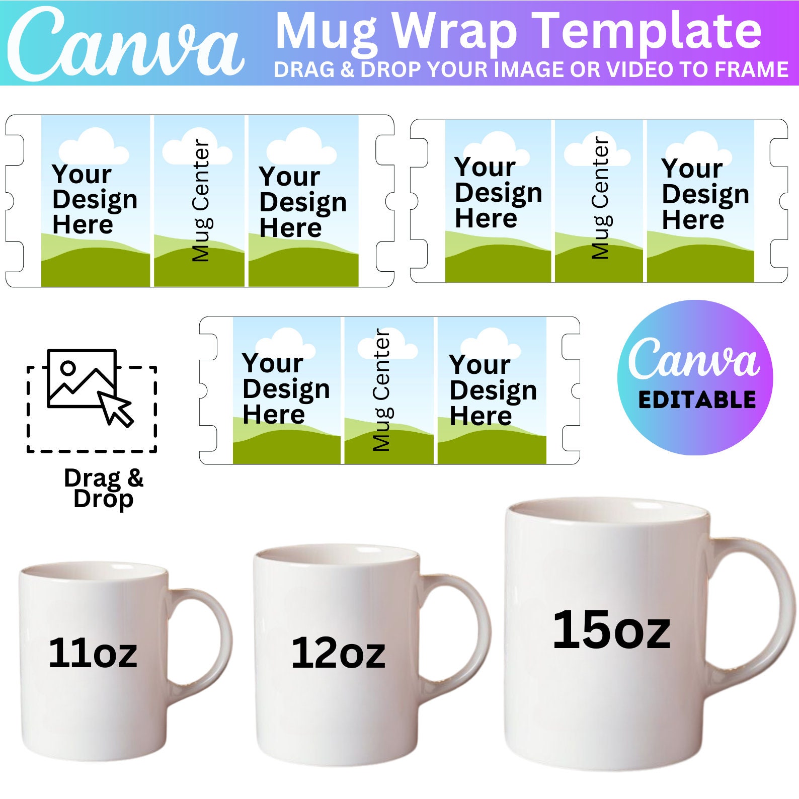 Full Wrap Mug Templates, 11oz, 12oz, 15oz Canva Mug Templates, Mug ...