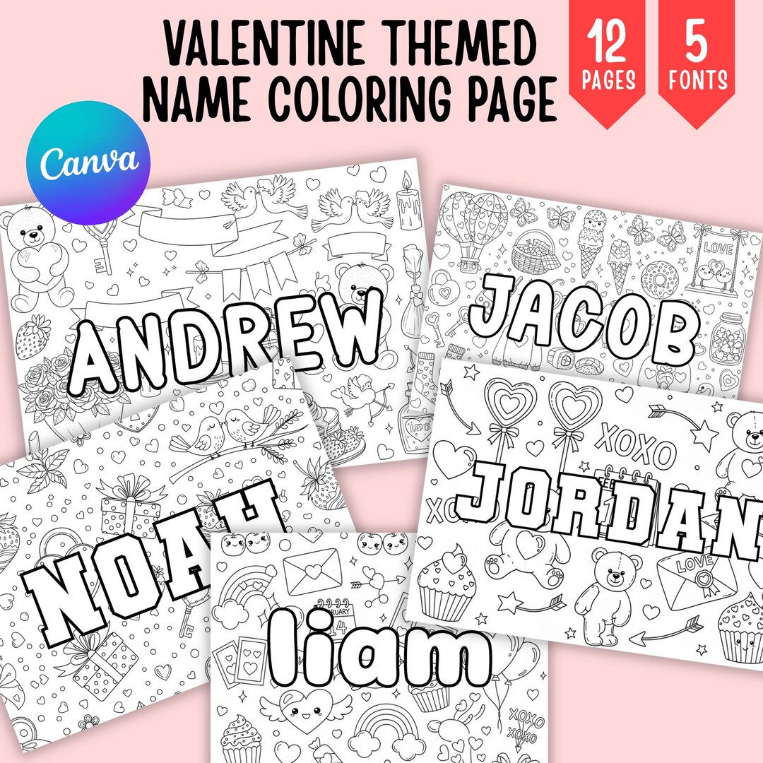 12 Valentine Themed Name Coloring Page DIY Personalized Kids Activity ...