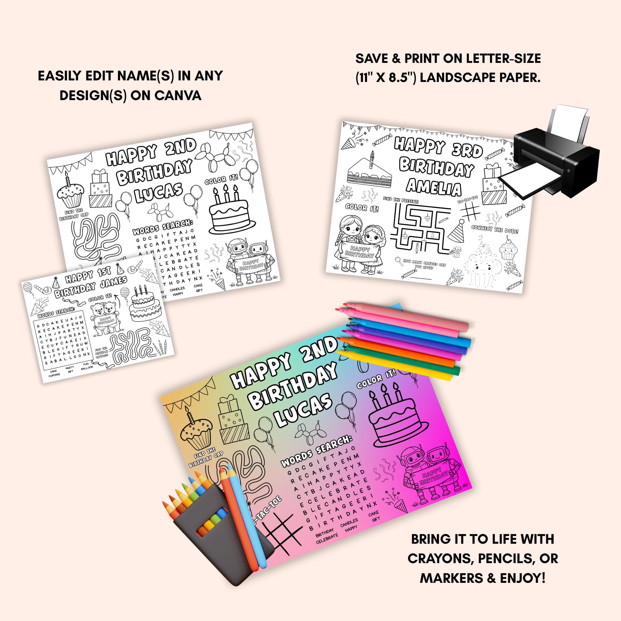 Birthday Coloring Placemat for Kids, Personalized Kids Activity ...