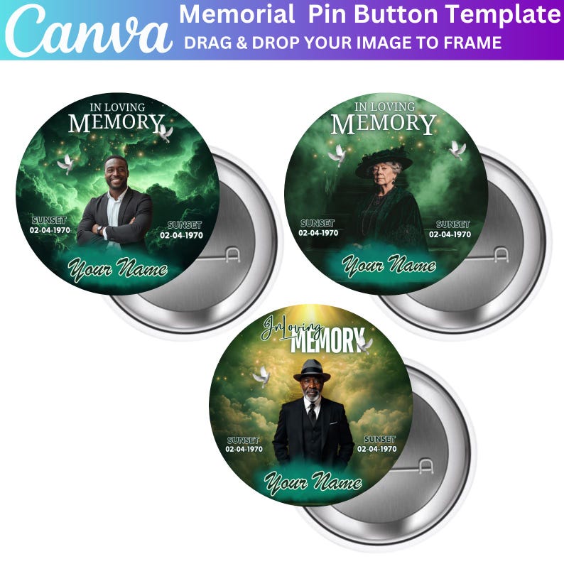 10 in Loving Memory Green Pin Button Canva Editable Templates, Memorial ...