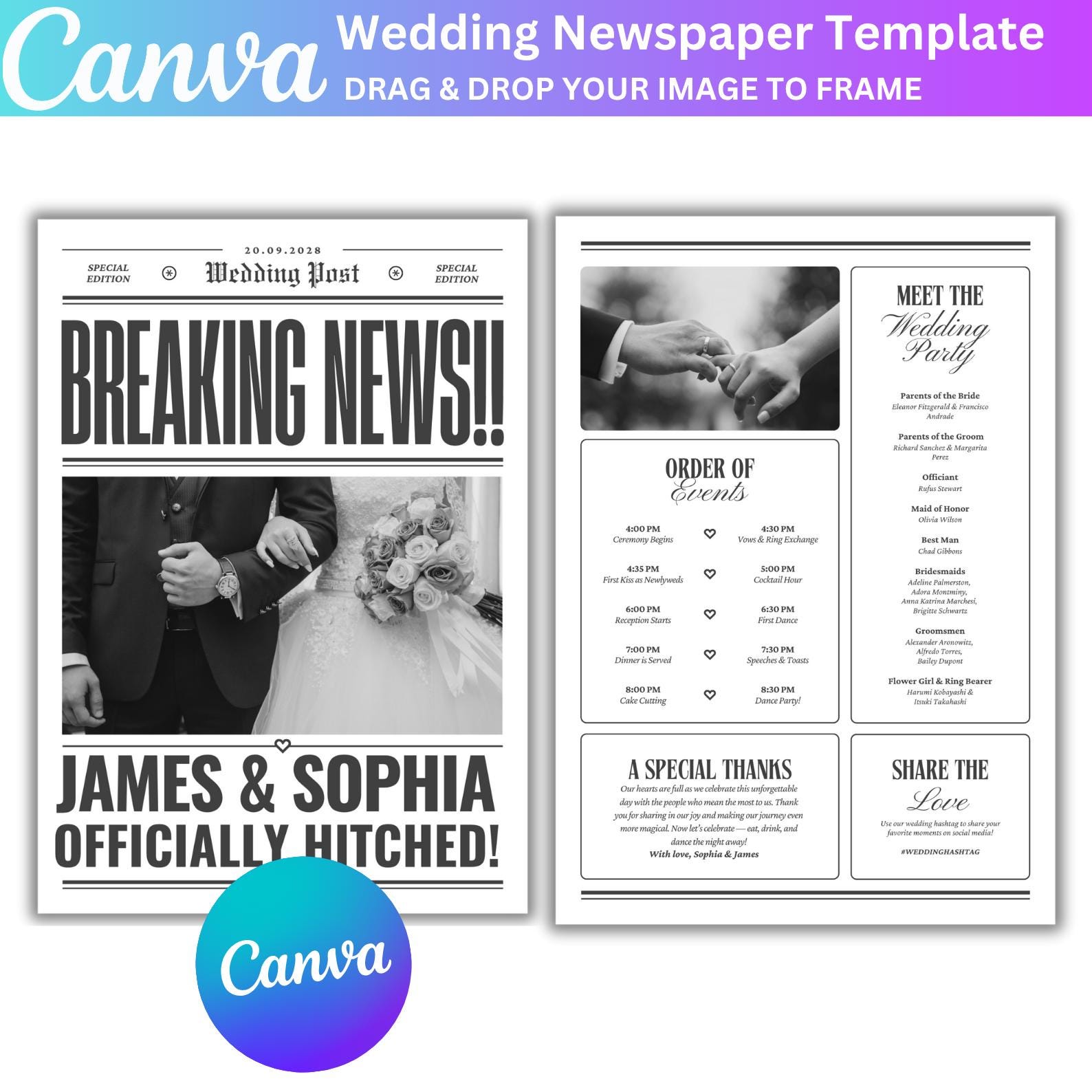 Wedding Newspaper Template, Canva Editable Folded Printable Wedding ...