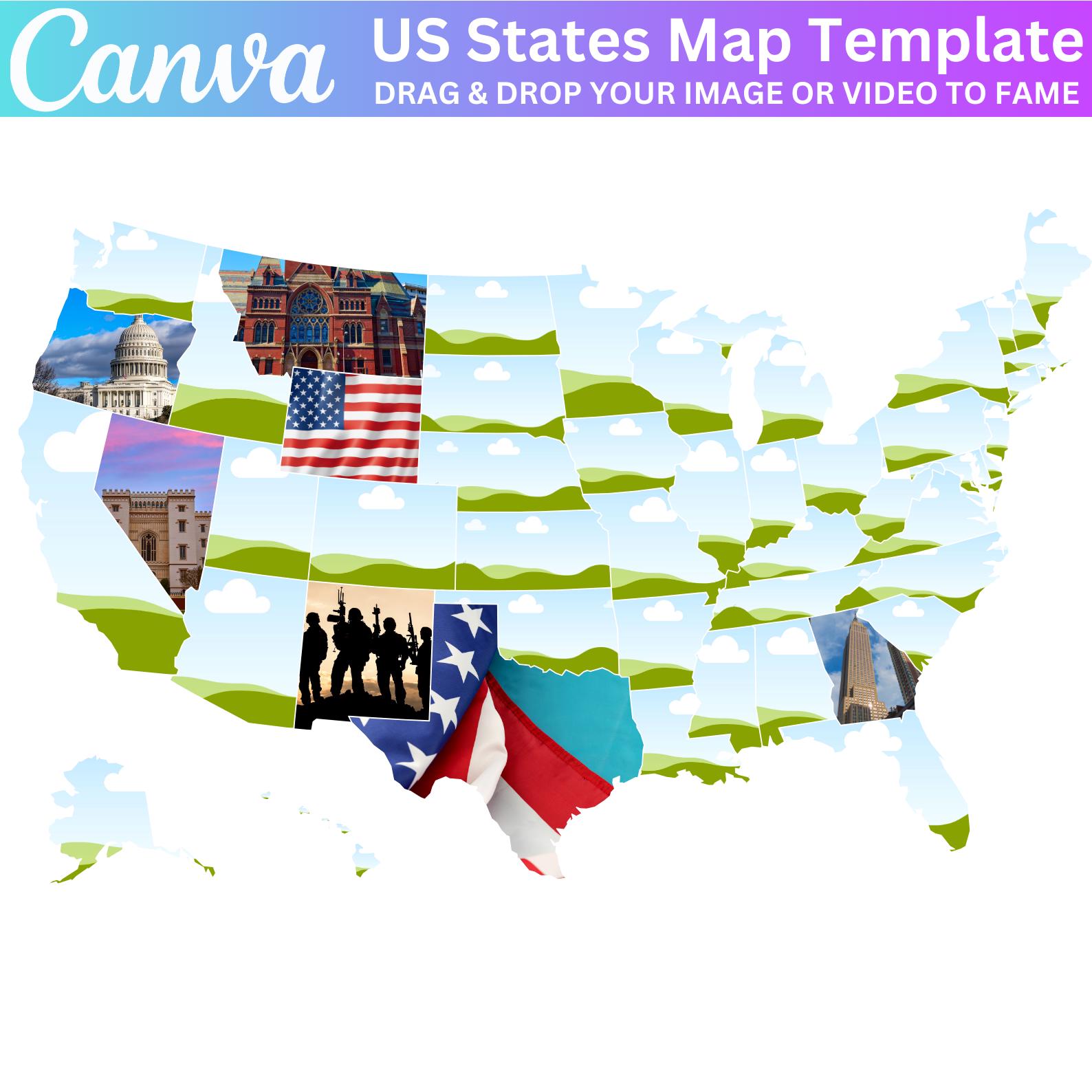 United States Map Canva Editable Design, Fill Your Own 50 States of ...