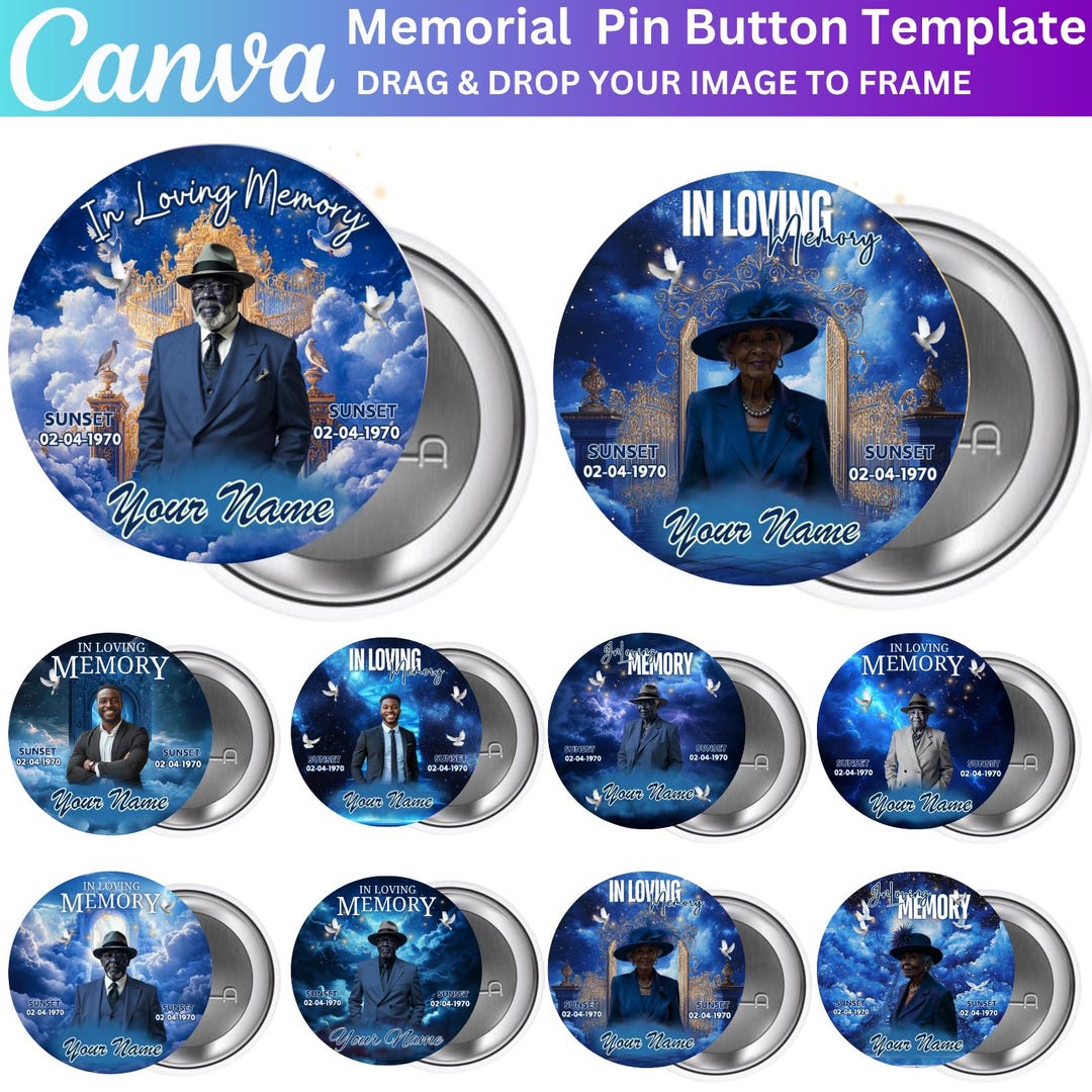 10 in Loving Memory Blue Pin Button Canva Editable Templates, Funeral ...