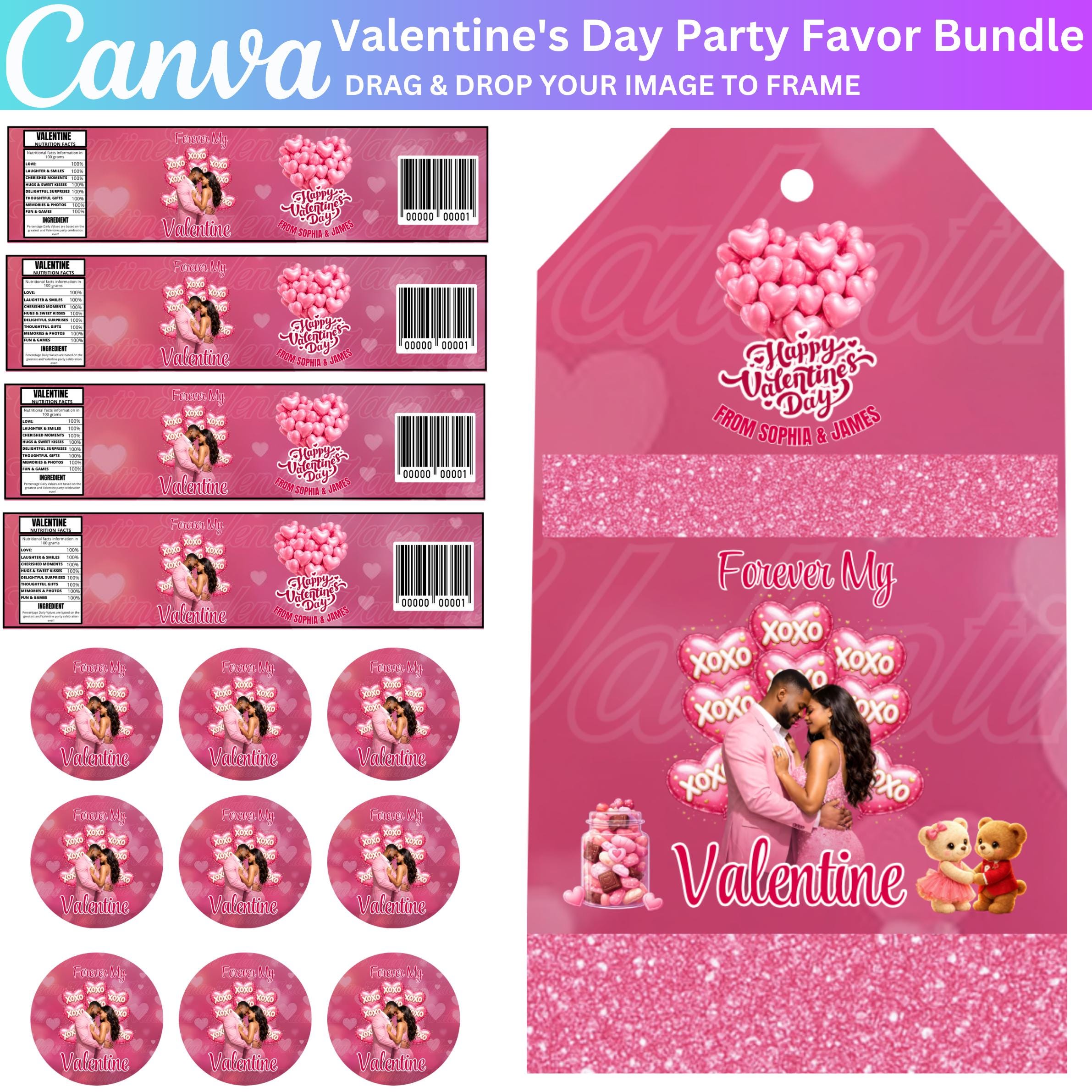 Pink Valentine's Day Party Favor Bundle, Canva Editable Valentine’s ...