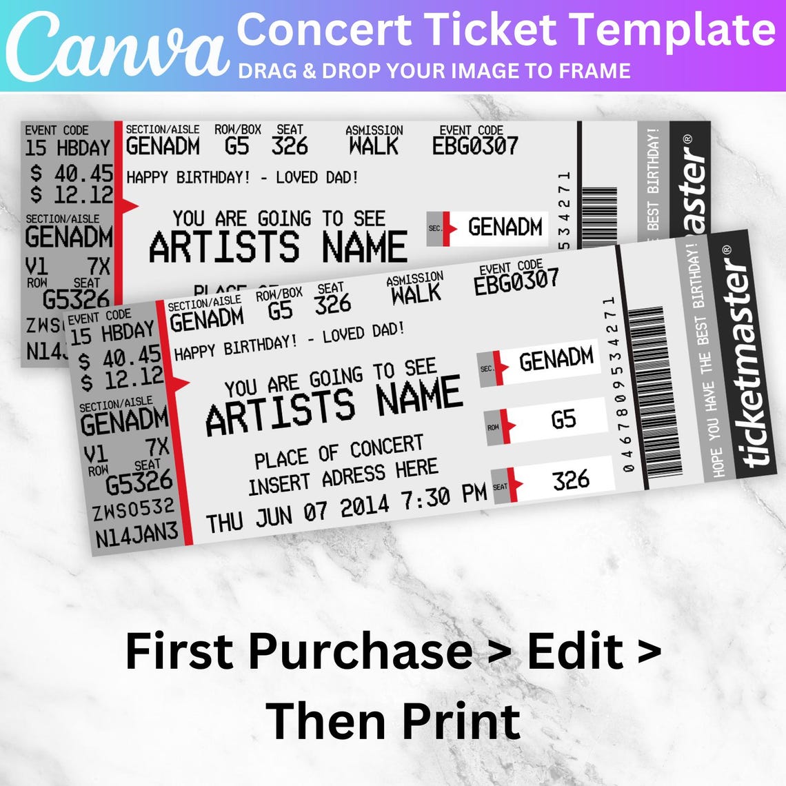 Concert Ticket Canva Editable Template, Ticketmaster Design, Surprise ...