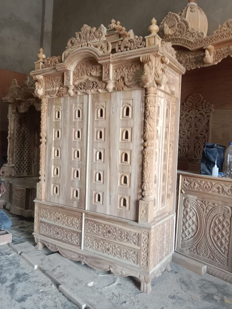 40 Bells Pooja Mandir, Home Temple With Doors Drawers Handmade Carved ...