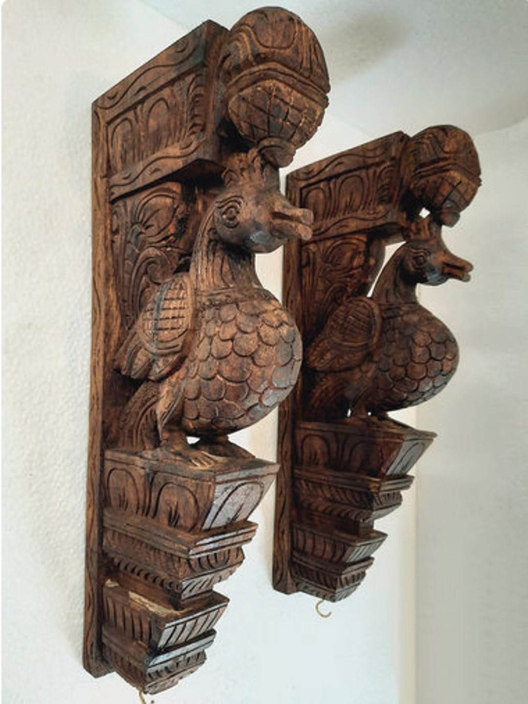 2 Pcs Wooden Bird Corbel Pair Annam Statue Wall Bracket Vintage ...