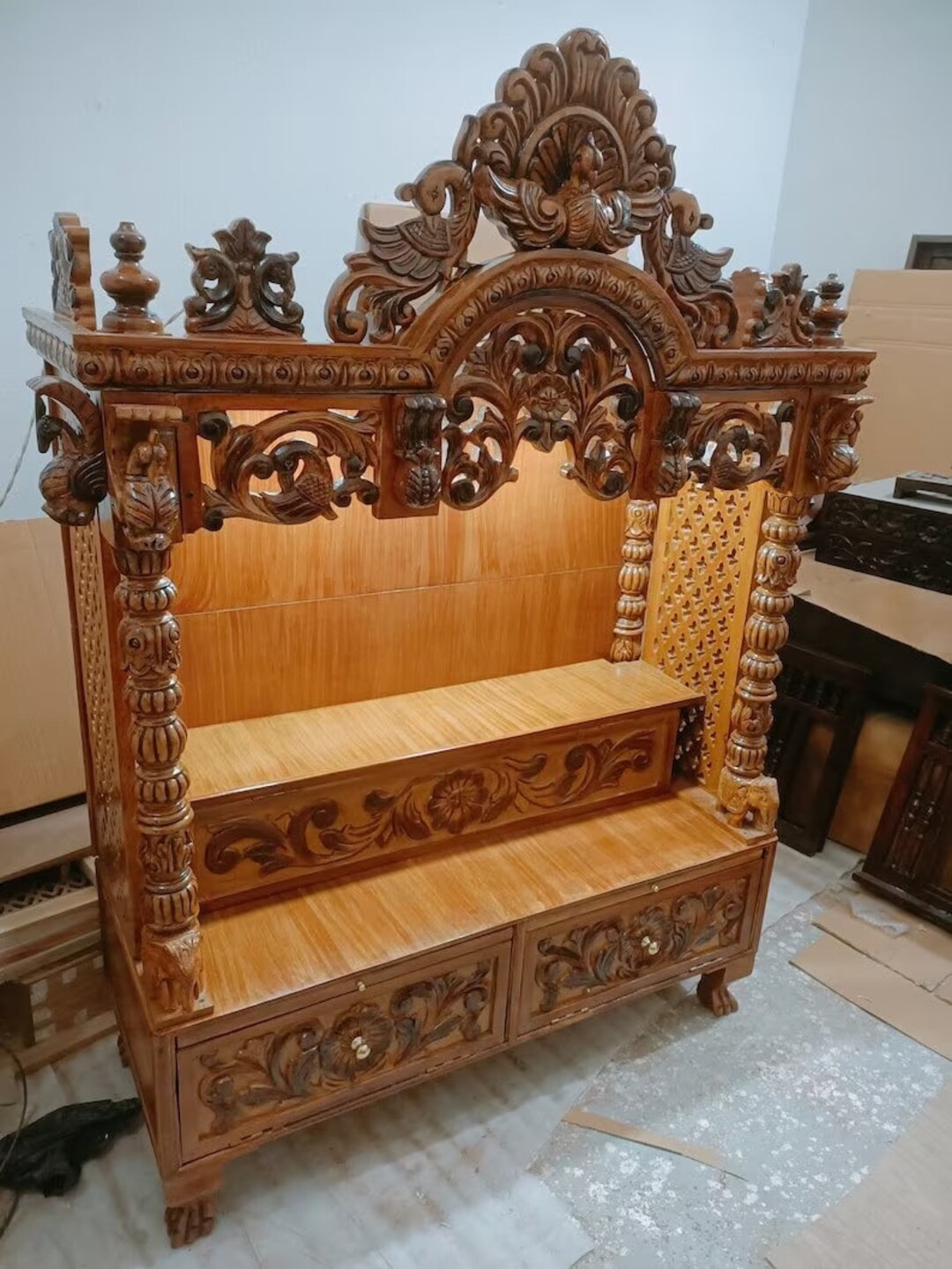 70"wooden Pooja Mandir Hindu Pooja Mandapam Wooden Home Temple Carving ...