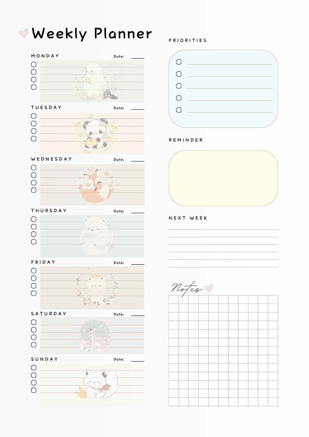 Cute Weekly Planner Undated, Adorable Weekly Planner, Cute Animal ...