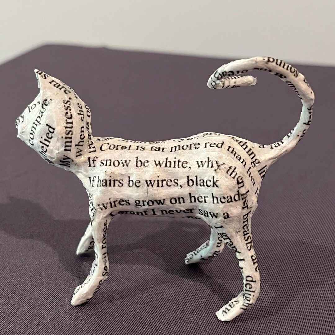 Paper Mache Cat Figurine, Covered in Shakespeare’s Sonnet 130, Handmade ...