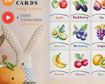 Fruits Flashcards Kids | Printable Learning Cards PDF | Watercolor ...
