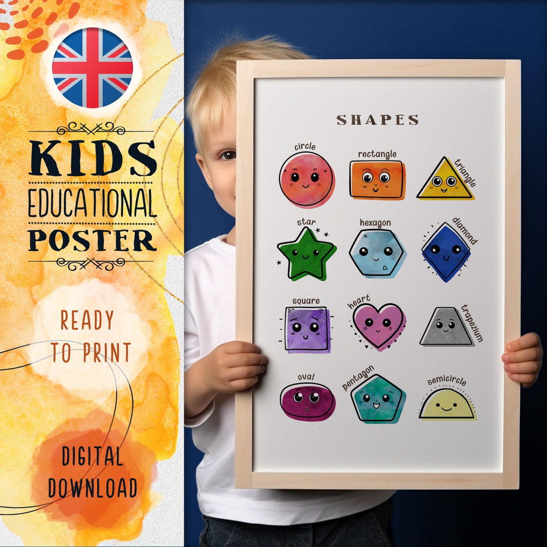 Colourful Shapes Poster for Kids, Cute Watercolour Geometry Educational ...