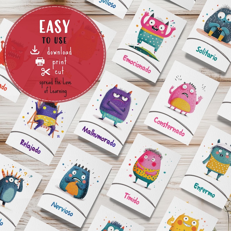 31 Tarjetas Emociones - Flashcards Sentimientos Español - Monstruos ...