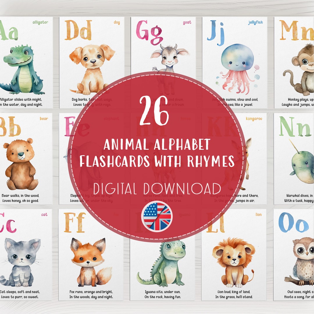 Alphabet Flashcards Rhymes | Cute Animal ABC Cards PDF | Educational ...