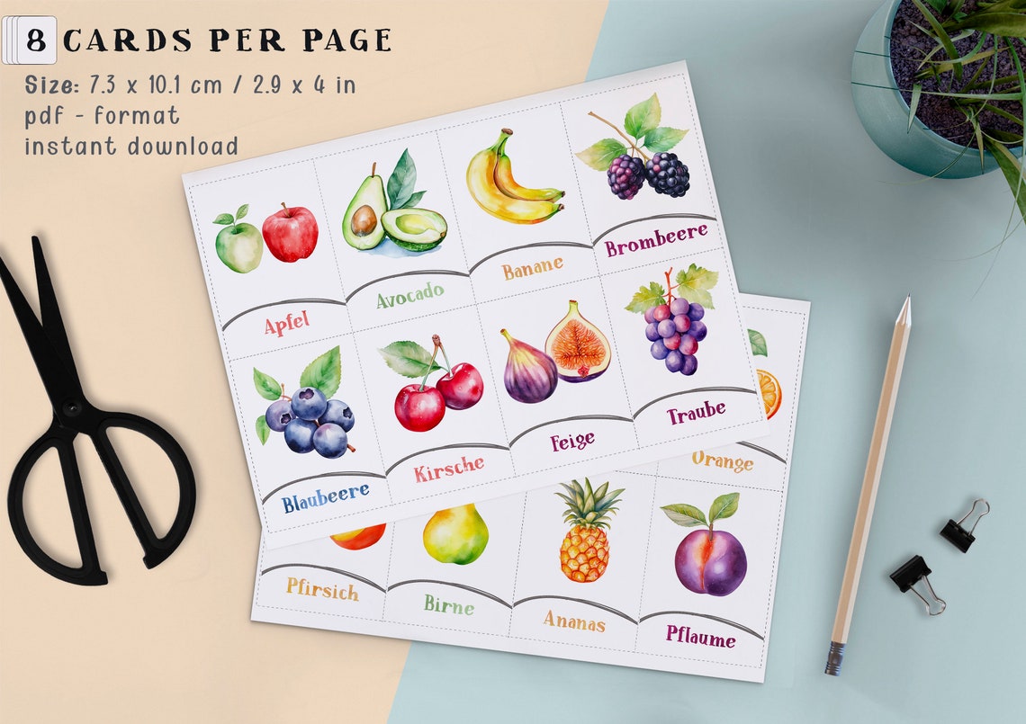 Früchte Flashcards Deutsch | German Fruit Cards for Kids | Aquarell ...
