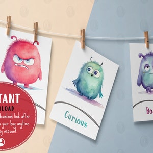 Printable Emotion Flashcards, Watercolor Cute Monsters Cards, Feelings ...