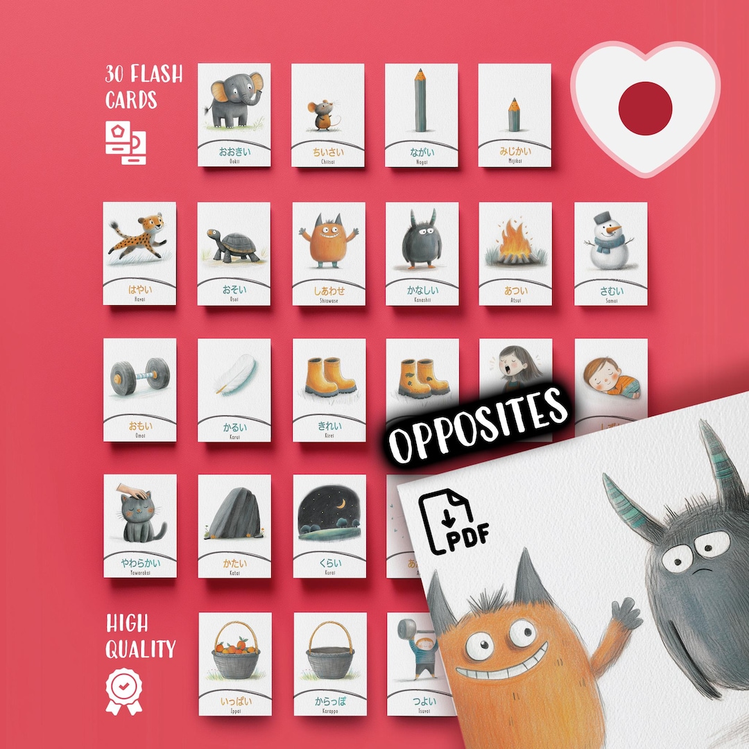 Japanese Opposites Flash Cards for Kids, Adjectives Flashcards ...