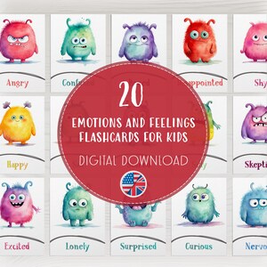 Printable Emotion Flashcards, Watercolor Cute Monsters Cards, Feelings Learning Tool for Kids ...