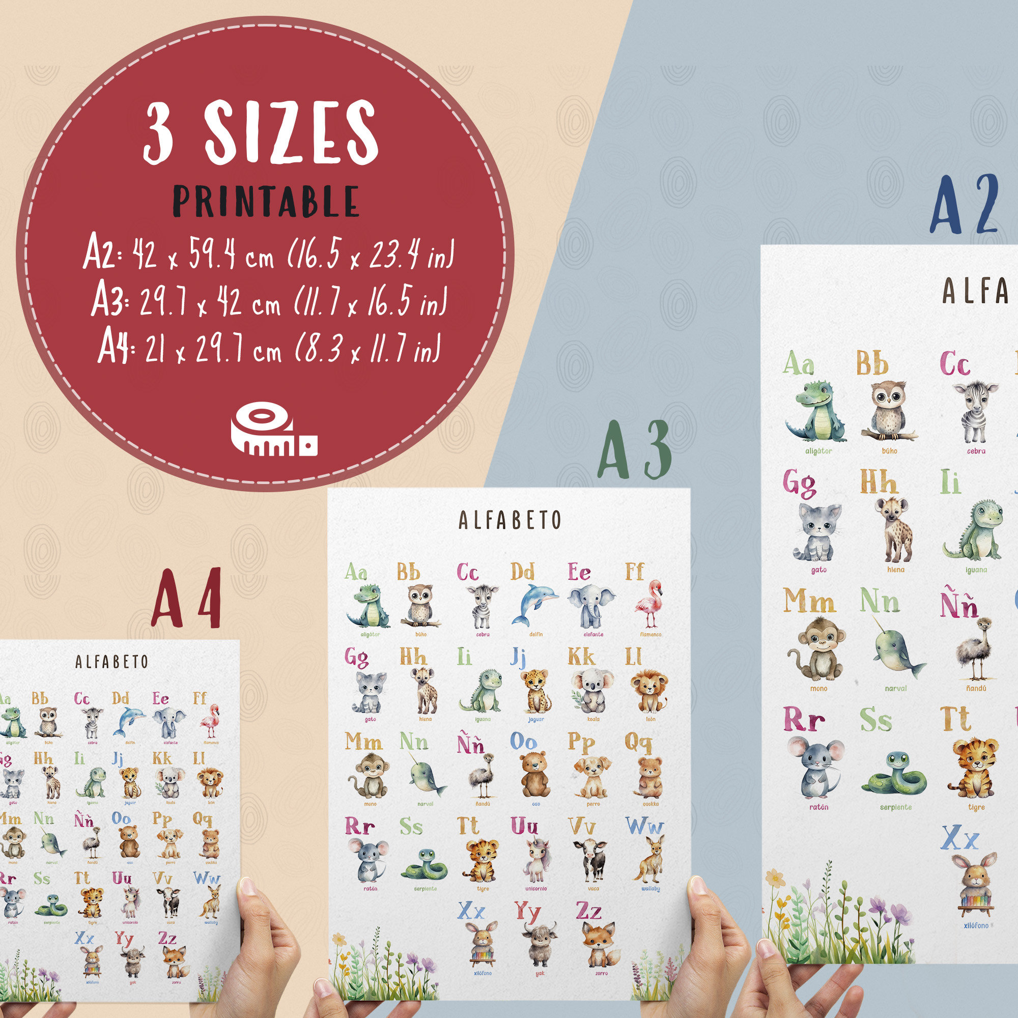 Spanish Alphabet Animal Poster | Watercolor ABC Printable PDF | Nursery ...
