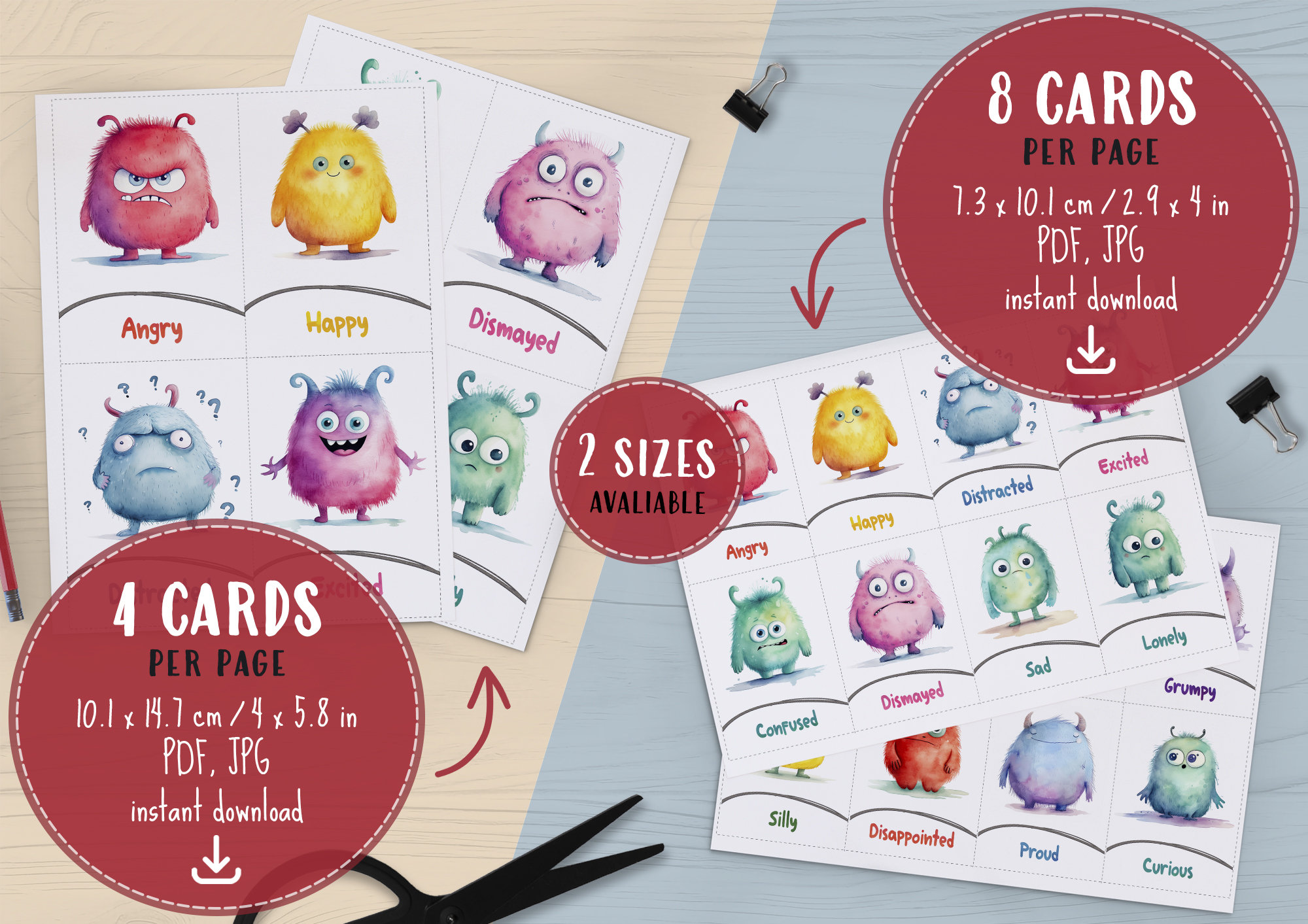 Emotions Flashcards for Kids Download PDF, Cute Monsters Feelings Cards ...