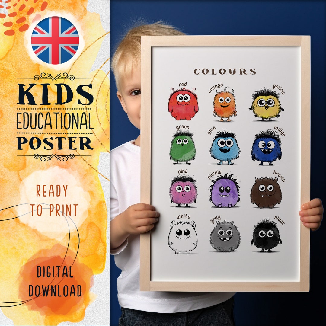 Colours Poster Kids Monsters | Printable Learning Wall Art ...