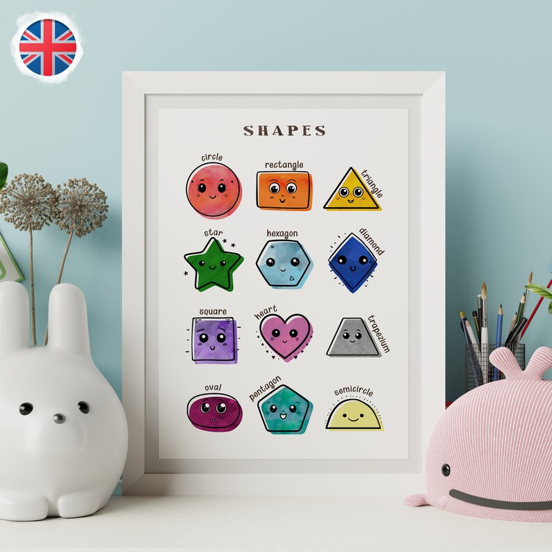 Colourful Shapes Poster for Kids, Cute Watercolour Geometry Educational ...