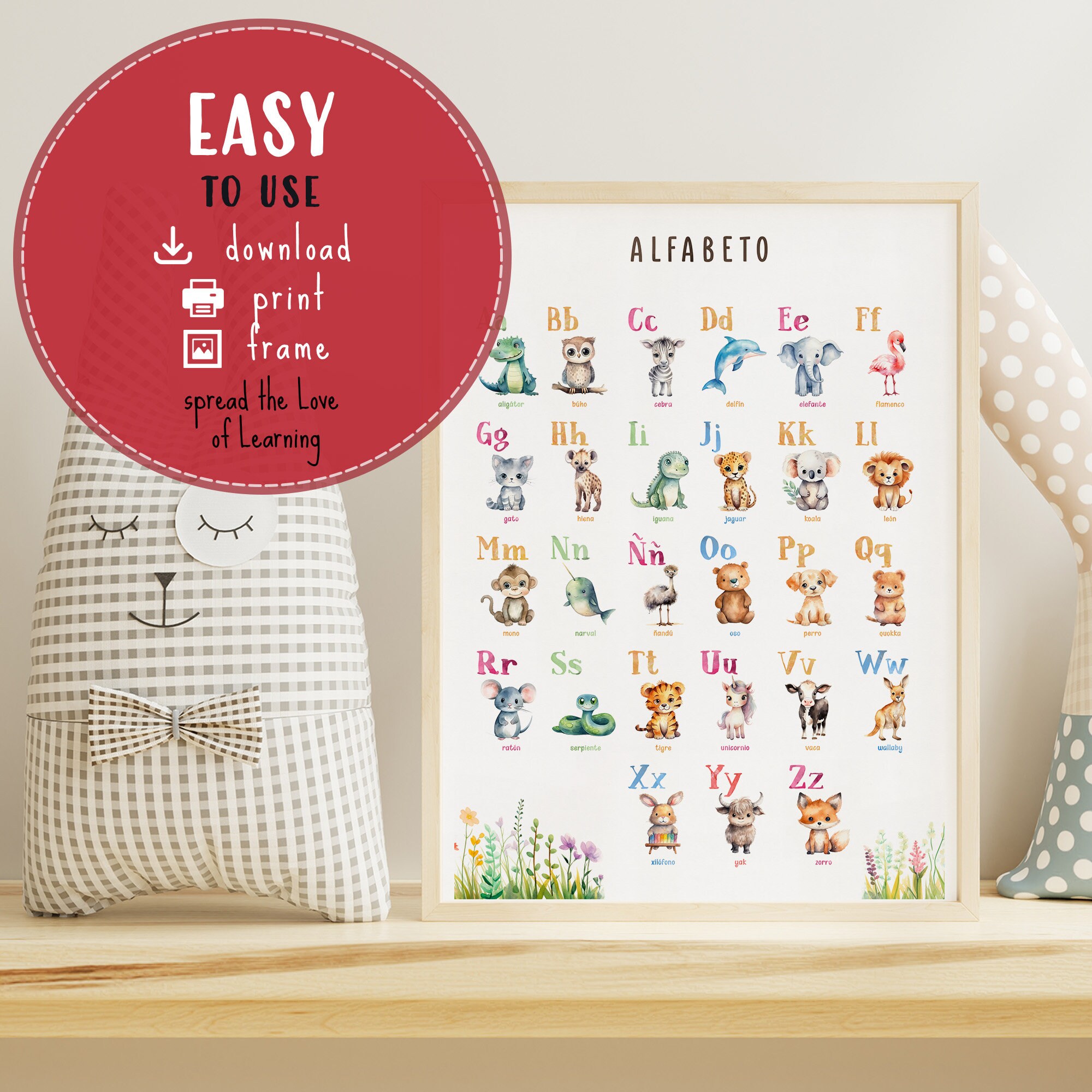 Spanish Alphabet Animal Poster | Watercolor ABC Printable PDF | Nursery ...
