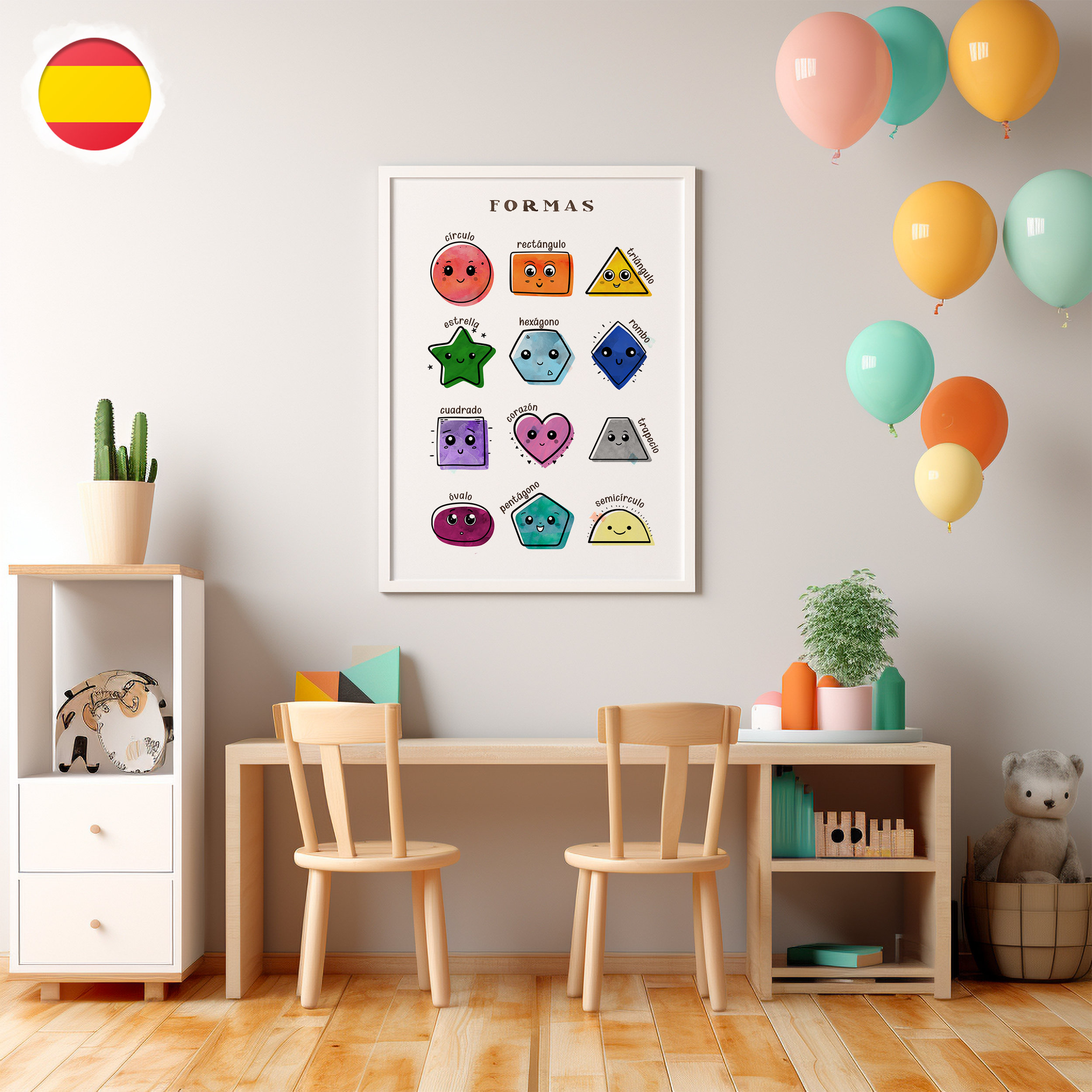 Spanish Shapes Poster for Kids, Cute Watercolour Geometry Educational ...