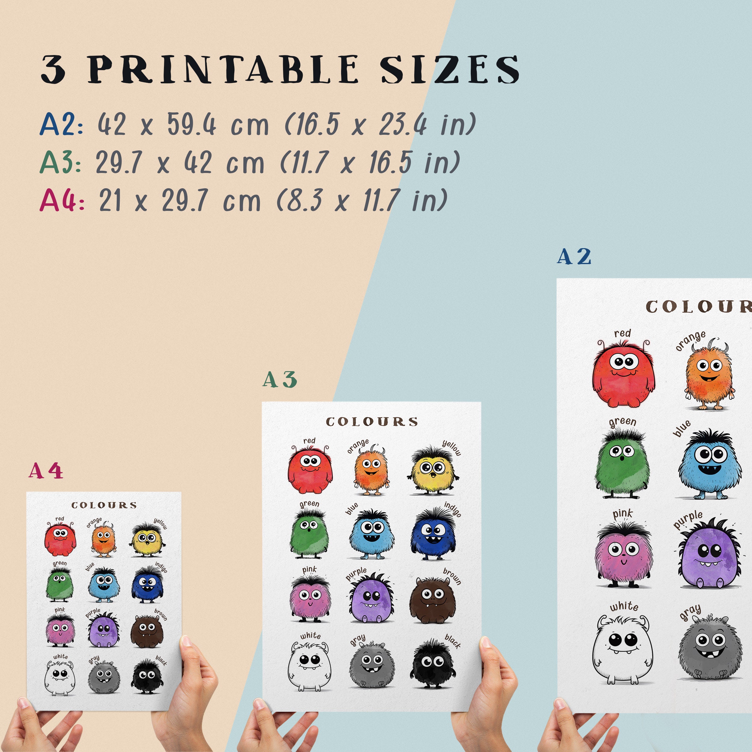 Colours Poster Kids Monsters | Printable Learning Wall Art ...