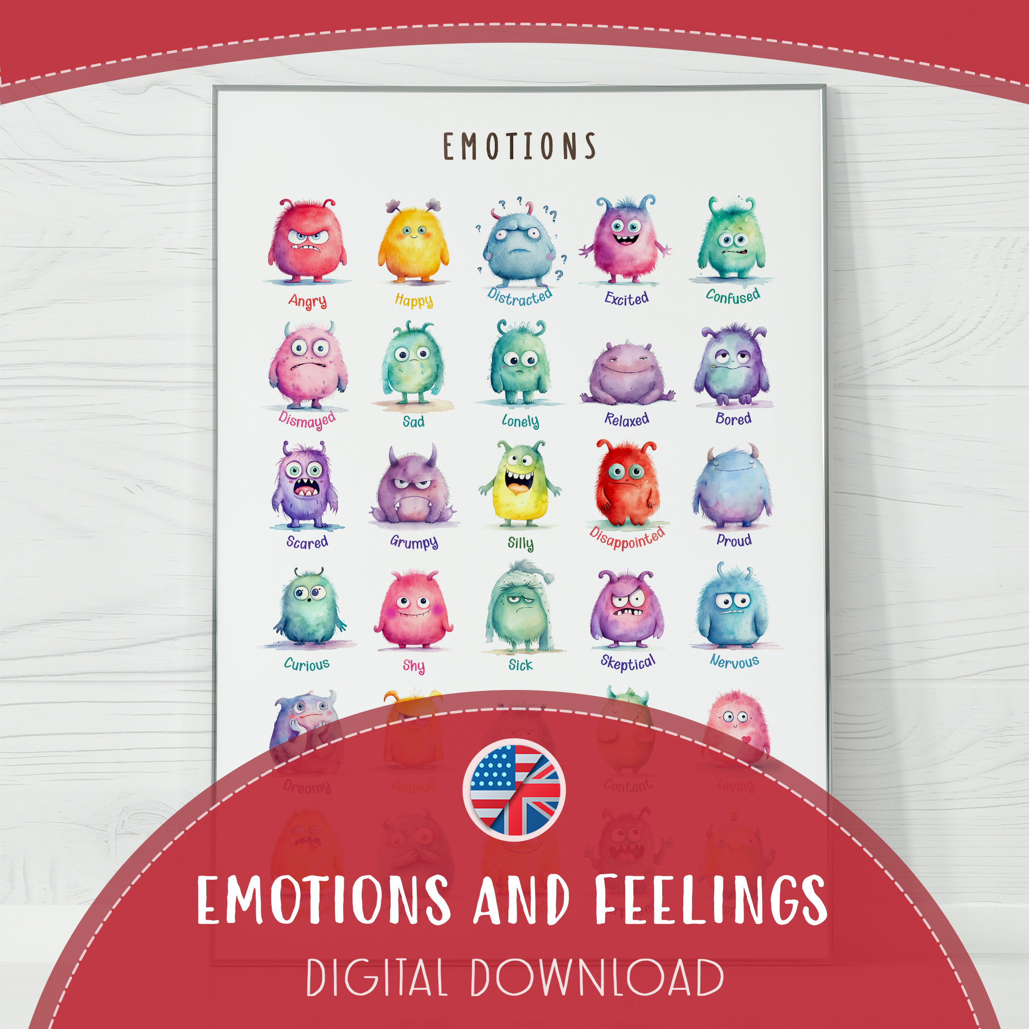Emotion Poster for Kids, Cute Fun Watercolor Feelings Monsters PDF ...