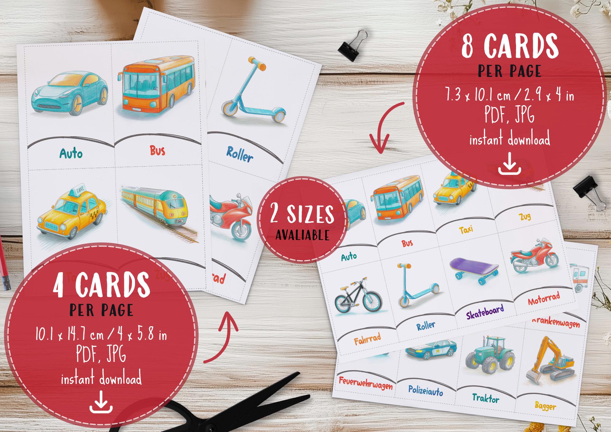 German Transport Flashcards for Kids, Printable Vehicle Learning Cards ...