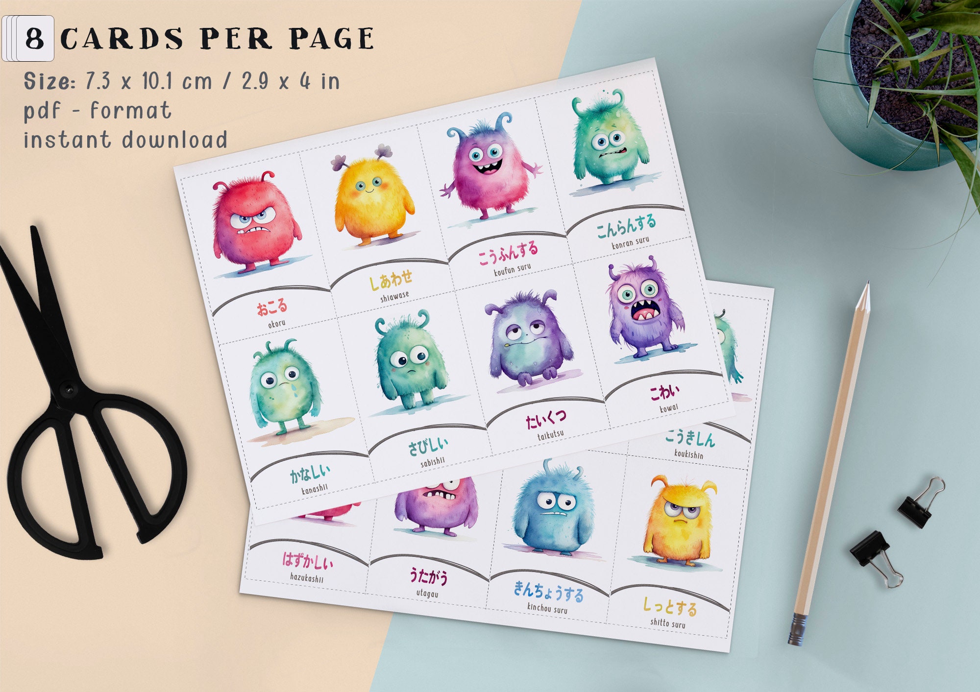 Japanese Printable Emotion Flashcards Watercolor Monsters Cards, Feelings Learning Tool for Kids ...