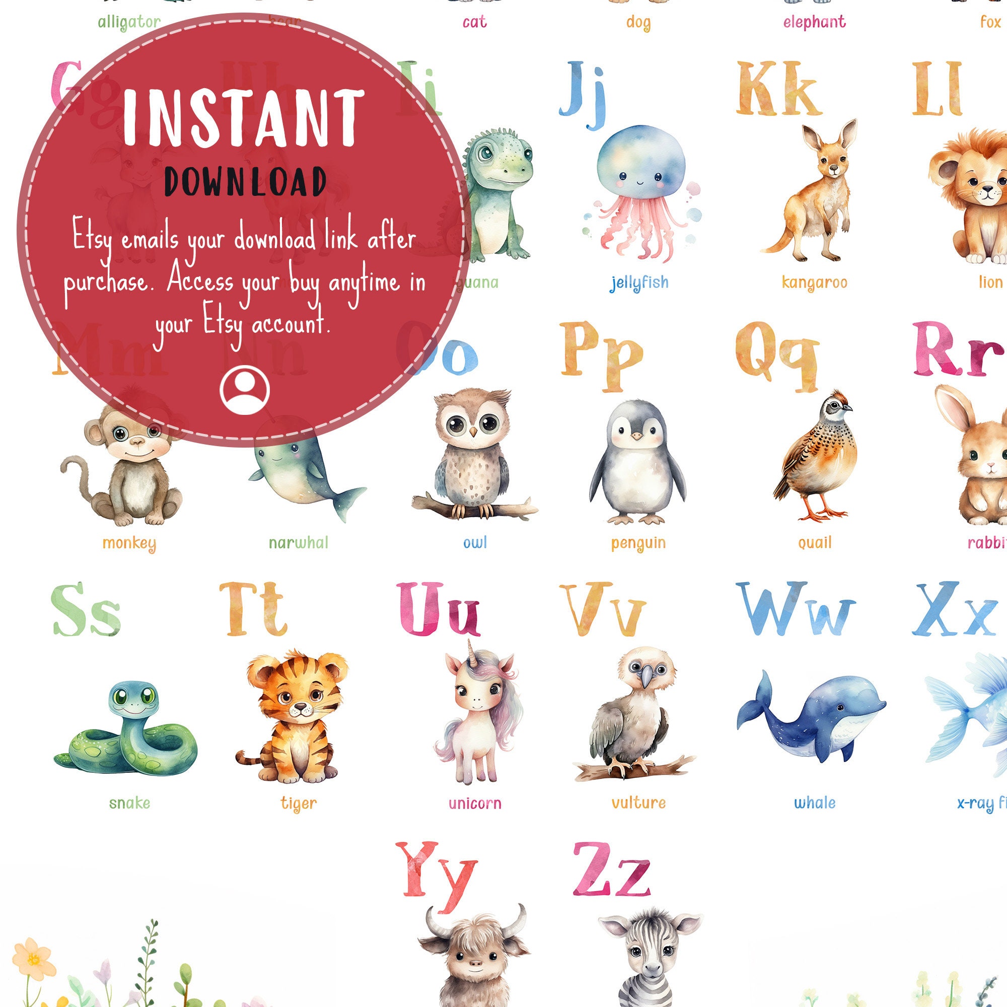 Animal Alphabet Poster Kids | Watercolor ABC Wall Art PDF | Nursery ...