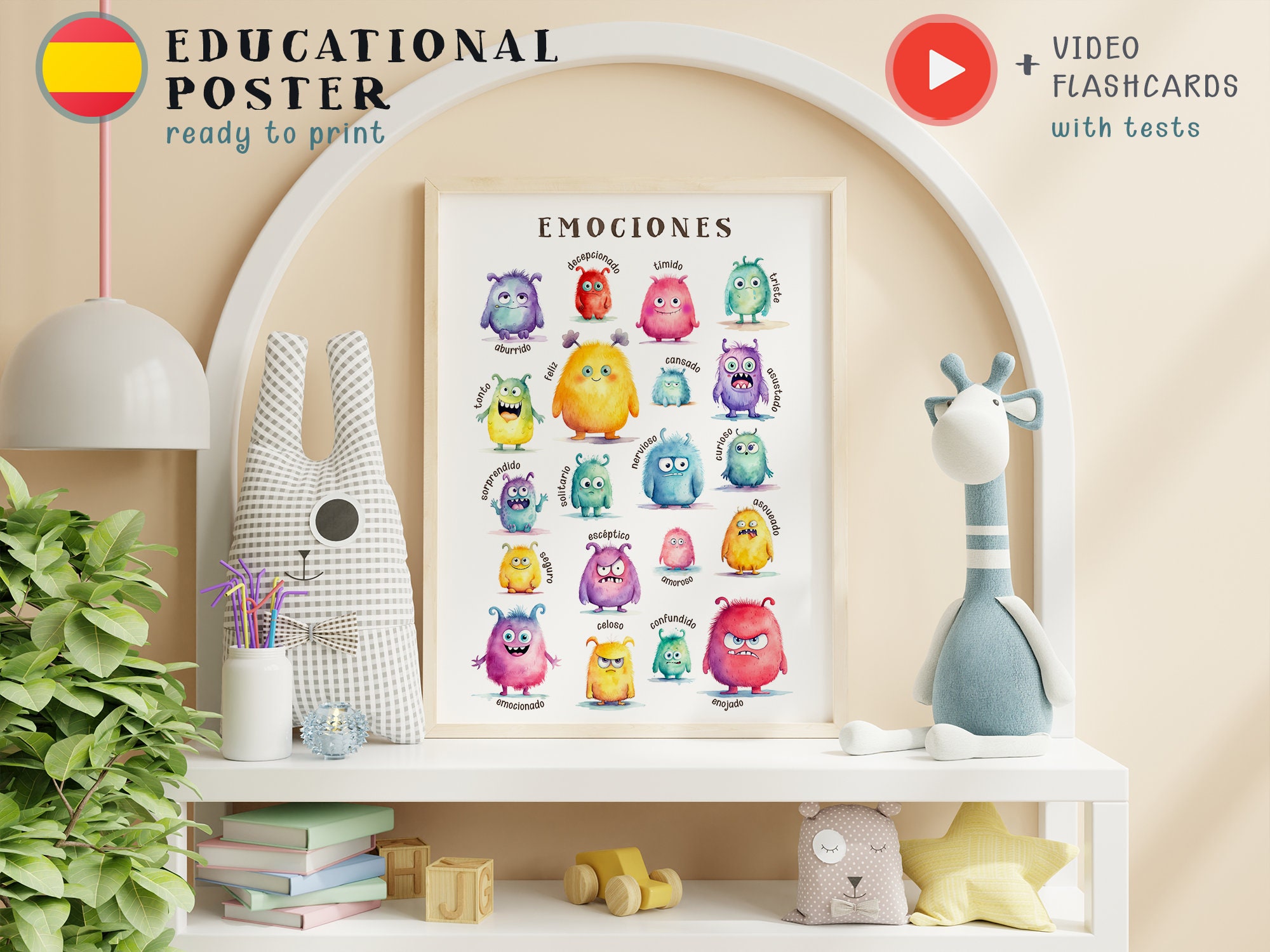 Spanish Emotions Poster: Watercolor Monster Feelings, Therapy Material ...