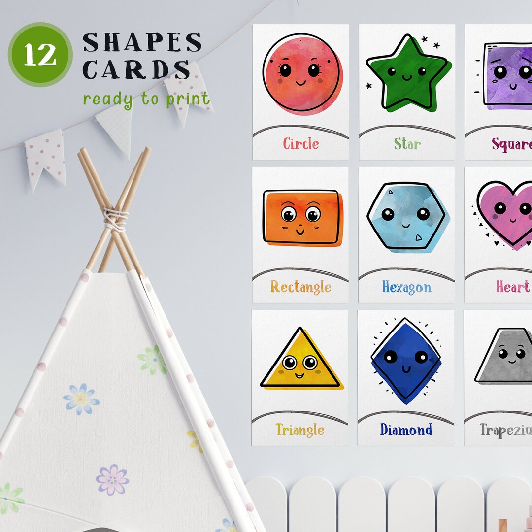 Shapes Printable Flashcards, Watercolor Geometry Cute Learning Tool for ...