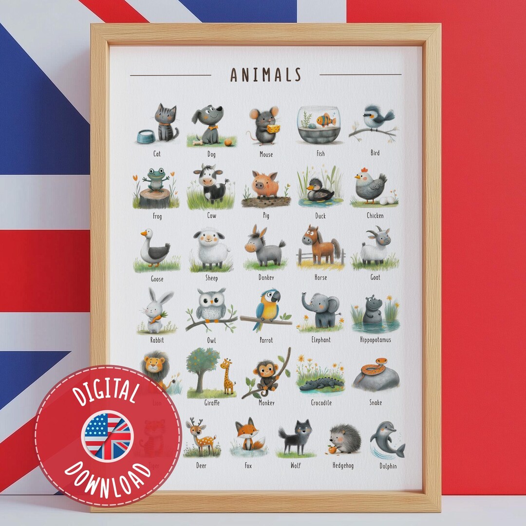 Animal Poster Kids | Wild Farm Animals Wall Art PDF | Educational Chart ...