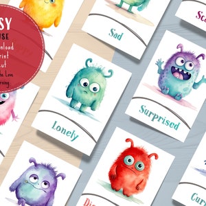 Printable Emotion Flashcards, Watercolor Cute Monsters Cards, Feelings Learning Tool for Kids ...