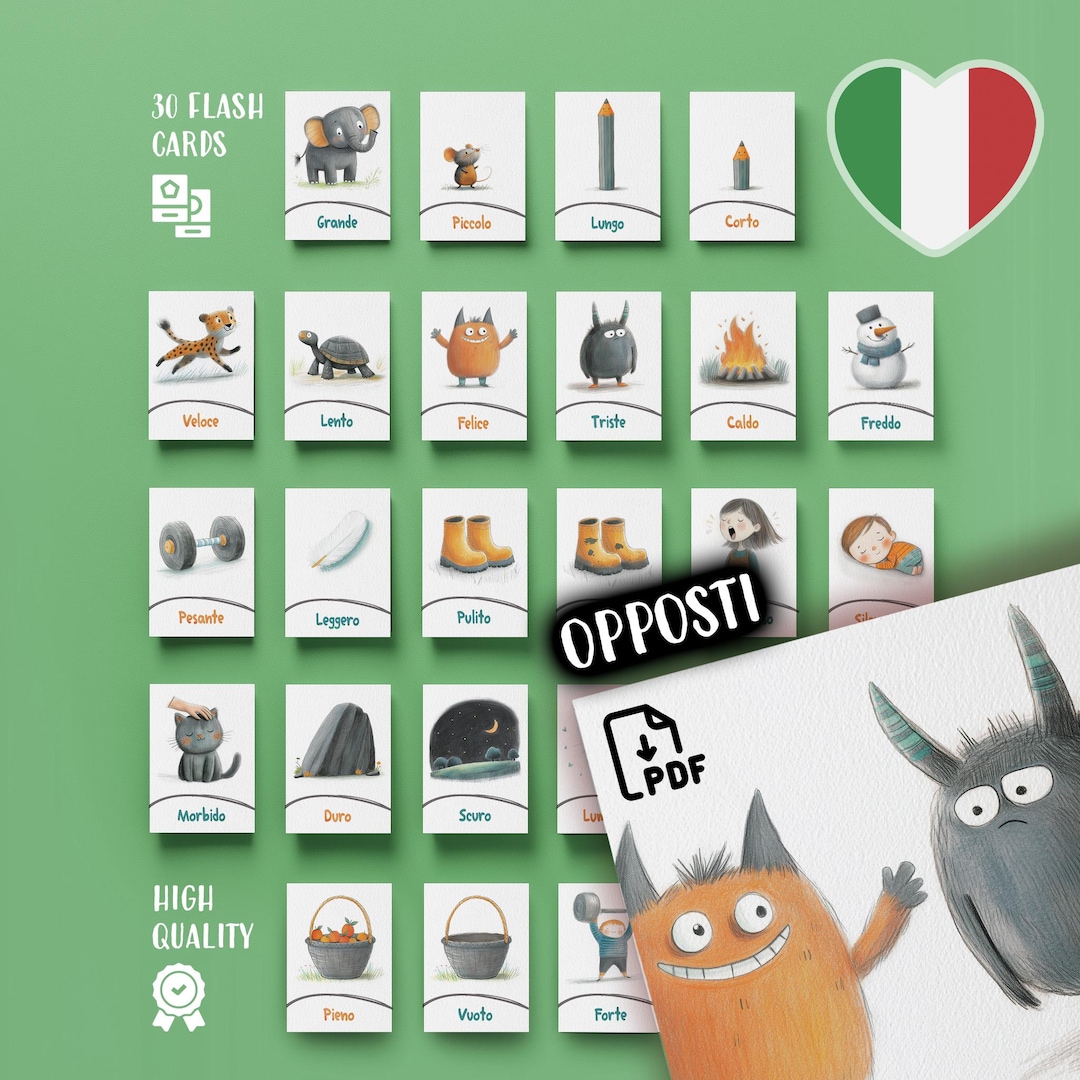 Italian Opposites Flashcards, Kids Printable Adjective Pairs for ...