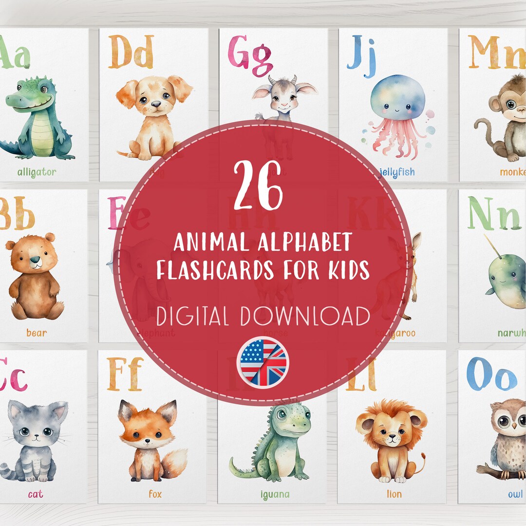 Printable Alphabet Flashcards, Cute Animal ABCs A4 Prints, Watercolor ...