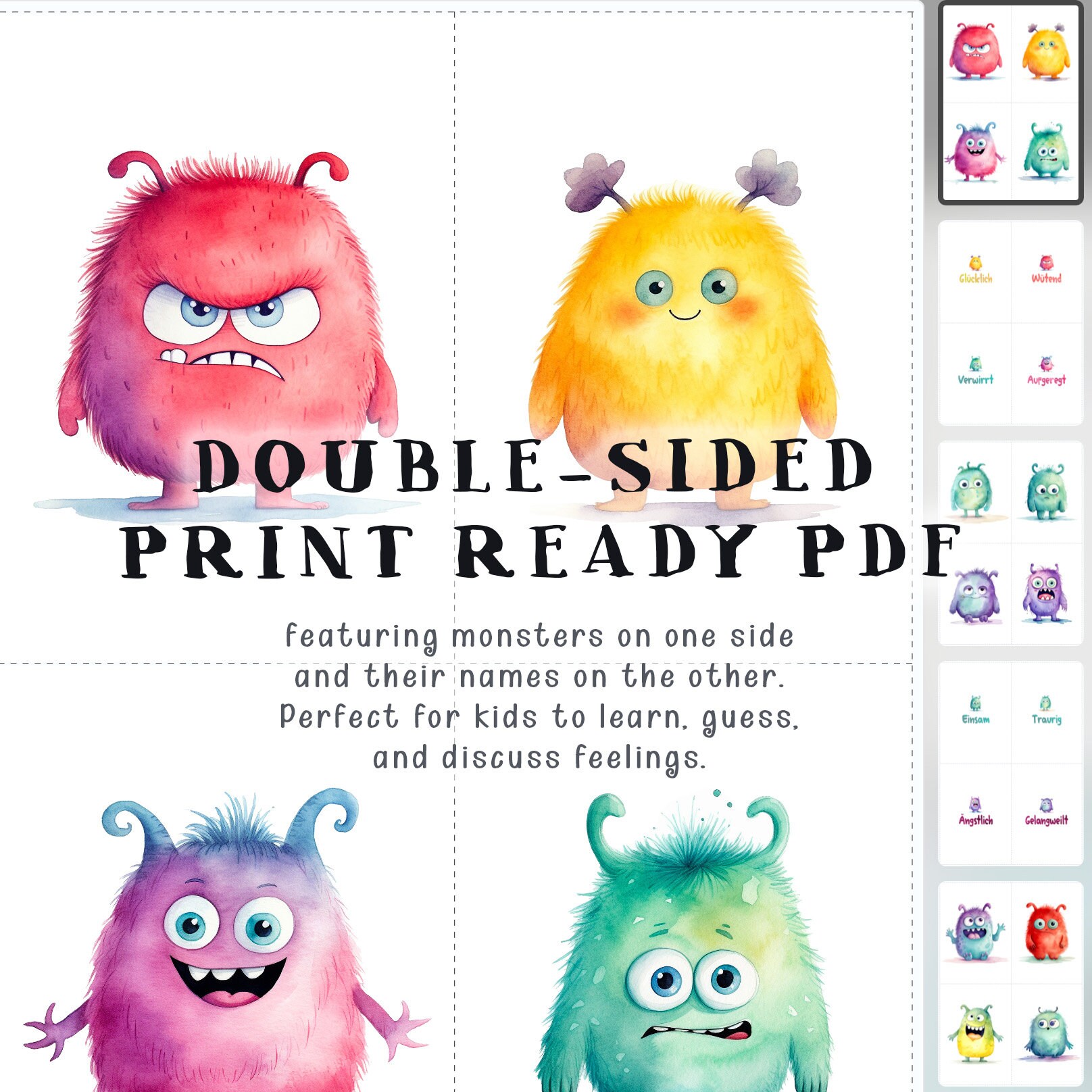 Emotions Flashcards in German, Gefuhlskarten, Double Sided Printable ...