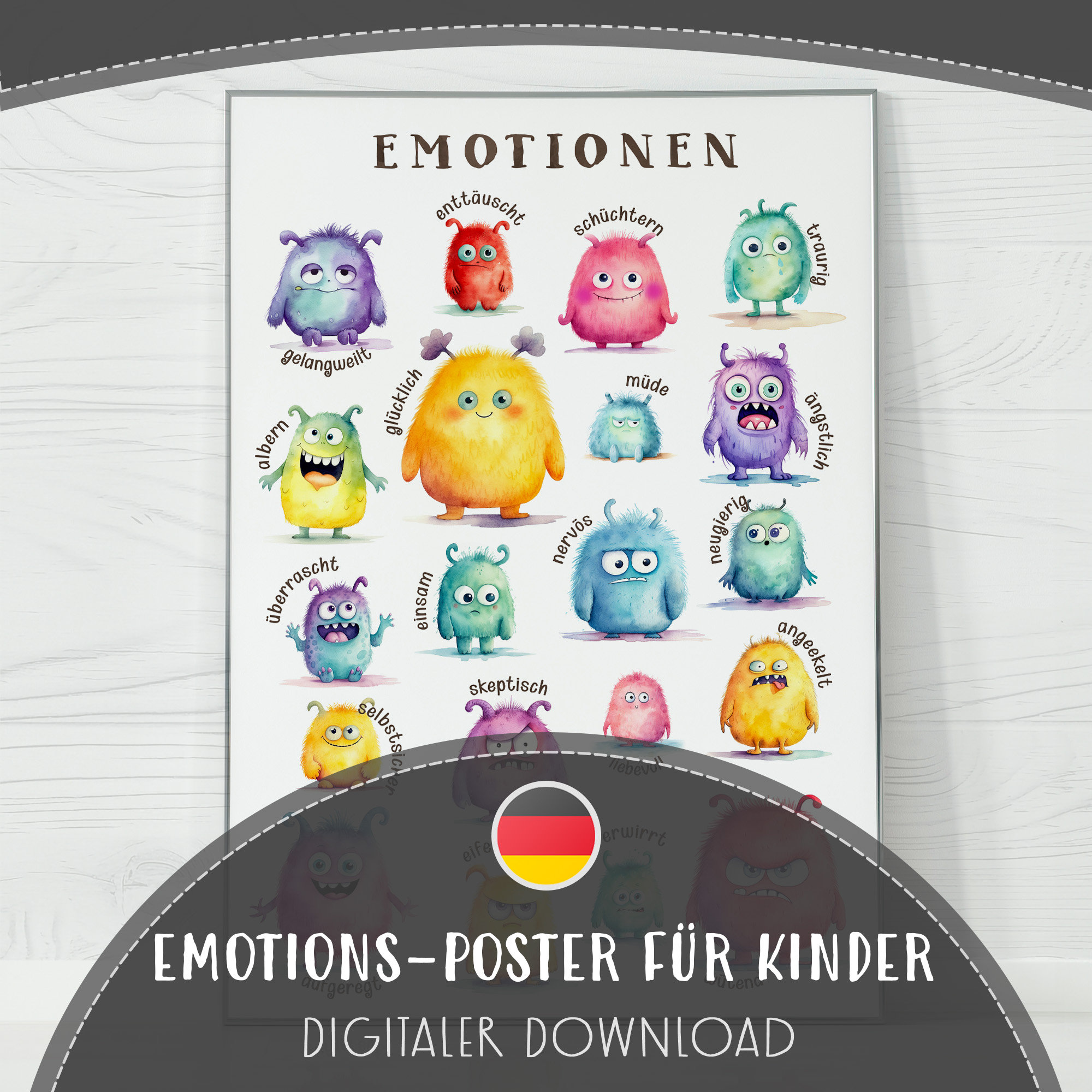 Monsters Emotion Poster in German, Watercolor Feelings Chart for Kids ...